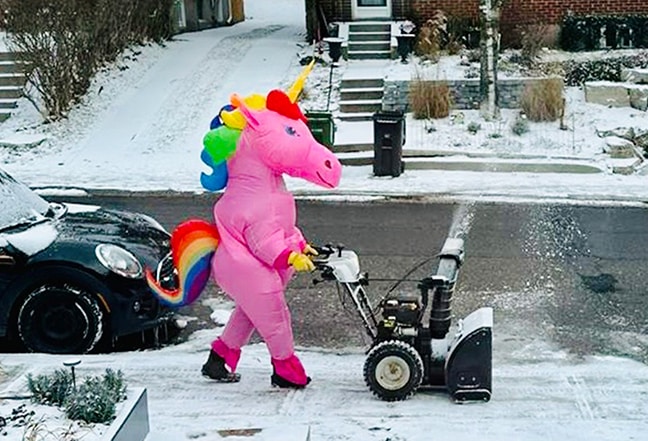 'Pink unicorn' clearing snow on Lee Avenue reflective of Jeffrey Train ...